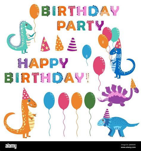 Set Of Birthday Party Elements With Funny Dinosaurs Dinosaurs