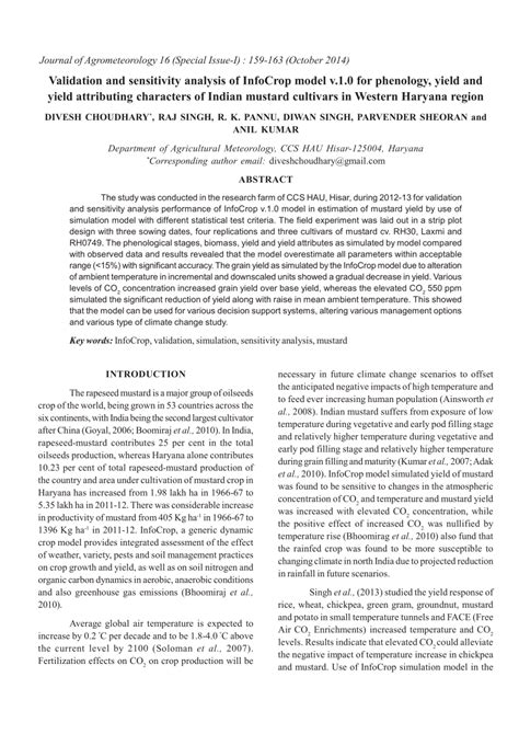 Pdf Validation And Sensitivity Analysis Of Infocrop Model V10 For Phenology Yield And Yield