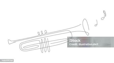 음표가 있는 한 줄의 트럼펫 그림 재즈 음악 밴드 악기 라인 아트 트럼펫 로고 아이콘 벡터 디자인 Classical