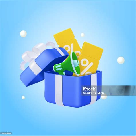 3d는 황소 뿔이나 확성기 바우처 쿠폰이 배경에 격리 된 선물 상자를 열었습니다 선물 상자 승진 판매 발표 배너에 대한 개념