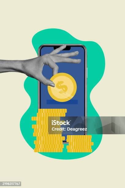 스케치 이미지 합성 트렌드 삽화 3d 사진 콜라주 실루엣 거대한 전화 장치 화면 모으다 돈 손 잡다 금화 손가락에 금화 0명에 대한 스톡 사진 및 기타 이미지 Istock
