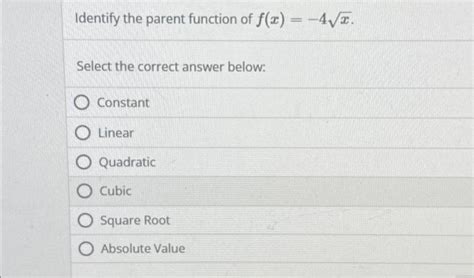Solved Identify The Parent Function Of F X 4 Select Chegg Com