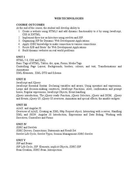 Web Technologies Course Outcomes Pdf J Query Xml
