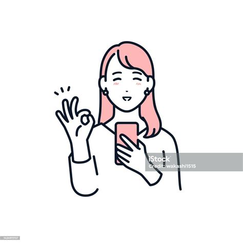 스마트 폰을 들고 Ok 기호를주는 젊은 여성의 벡터 일러스트 레이 션 자료 전자 은행거래에 대한 스톡 벡터 아트 및 기타 이미지 전자 은행거래 휴대전화 모바일결제