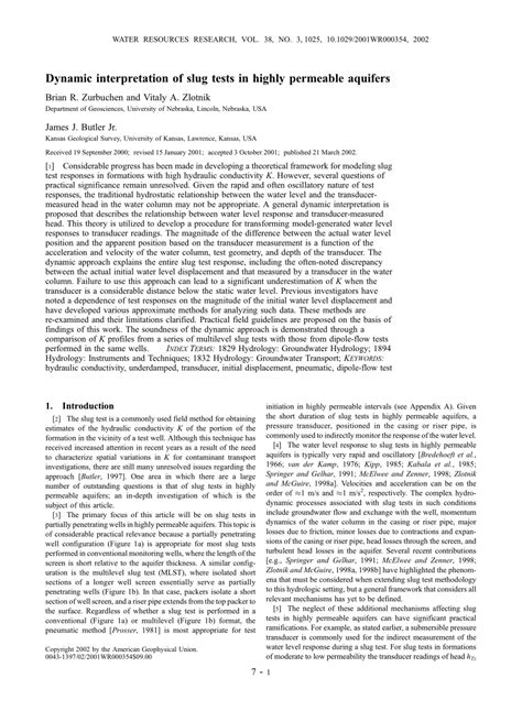 PDF Dynamic Interpretation Of Slug Test In Highly Permeable Aquifers