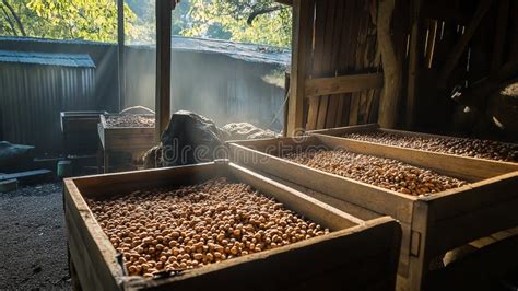 Cocoa Bean Fermentation Process In Wooden Boxes With Farmers Gently Turning The Beans Stock