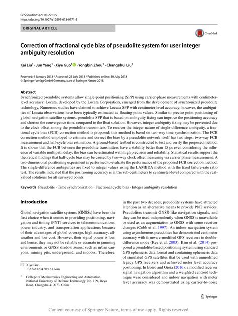 Correction Of Fractional Cycle Bias Of Pseudolite System For User Integer Ambiguity Resolution