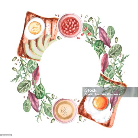 샌드위치와 녹지가 있는 둥근 프레임 레스토랑 메뉴 디자인 미식 잡지 및 축제를 위한 음식 테마에 사실적인 스타일의 고립된 수채화