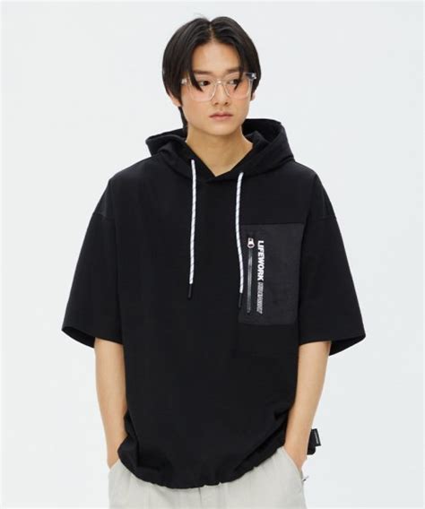 라이프워크 우븐 포켓 반팔 후드 티셔츠 위시버킷