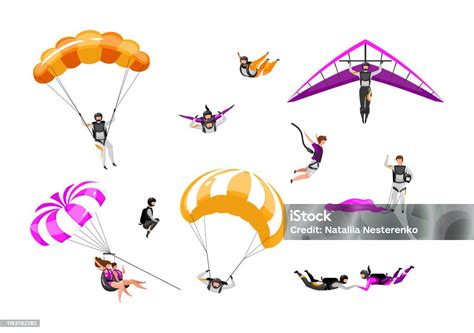 익스트림 에어 스포츠 플랫 벡터 일러스트 세트 커플 패러글라이딩 스카이 다이빙 패러세일링 낙하산 행 글라이딩 탠덤 자유 낙하 안전한 착륙 야외 활동 고립 만화 캐릭터 스카이