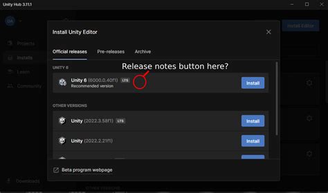 It Would Be Nice To Have A Link To The Release Notes Next To The Unity