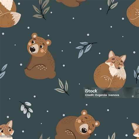 벡터 완벽 한 패턴 귀여운 작은 곰과 여우와 함께 그림 종이 직물 스크랩북에 인쇄하는 데 적합합니다 겨울에 대한 스톡 벡터 아트