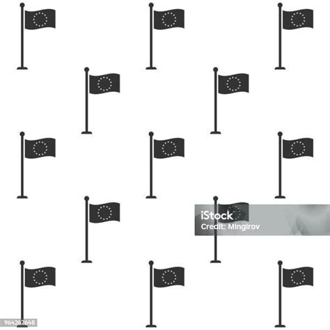 흰색 바탕에 유럽 연합 아이콘 완벽 한 패턴의 국기 Eu 원 기호입니다 금속 기둥에 흔들며 Eu 플래그입니다 평면 디자인입니다 벡터 일러스트 레이 션 개념에 대한 스톡 벡터