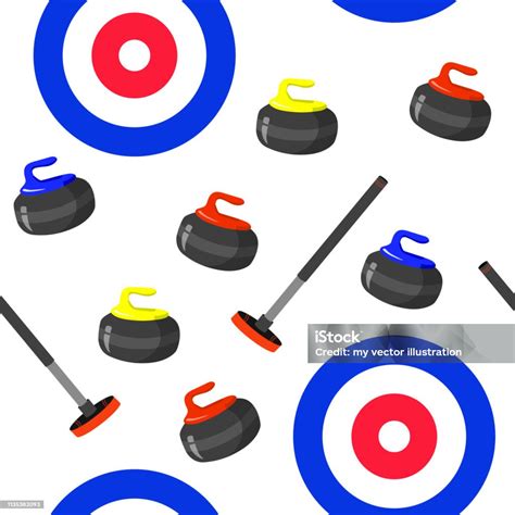 컬링 스포츠 빗자루 돌과 흰색 바탕에 집과 완벽 한 패턴입니다 벡터 일러스트입니다 스포츠 피트 니스 활동 벡터 디자인입니다 로고 티셔츠 배너 경쟁 및 모자에 대 한 인쇄