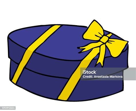 타원형 보라색 선물 상자 노란 리본으로 묶인 리본이 뚜껑 위에 활을 휘두더러 세워졌습니다 어두운 윤곽선이 있는 격리된 오브젝트입니다 거친에 대한 스톡 벡터 아트 및 기타
