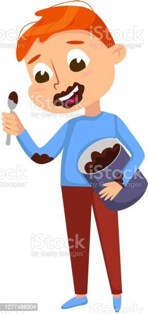 소년 먹는 초콜릿 스프레드 와 항아리 와 얼굴 더러운 아이 즐기는 먹는 먹는 맛 디저트 만화 스타일 벡터 일러스트 아이에 대한 스톡 벡터 아트 및 기타 이미지 Istock