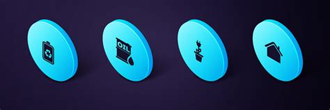 아이소 메트릭 하우스 냄비의 전기 절약 플러그 오일 배럴 및 재활용 아이콘이있는 배터리를 설정하십시오 벡터 0명에 대한 스톡