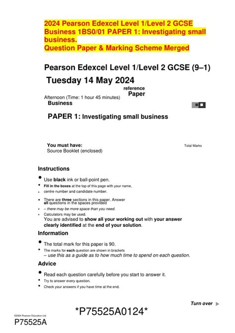 2024 Pearson Edexcel Level 1 Level 2 Gcse Business 1bs0 01 Paper 1 Investigating Small Business