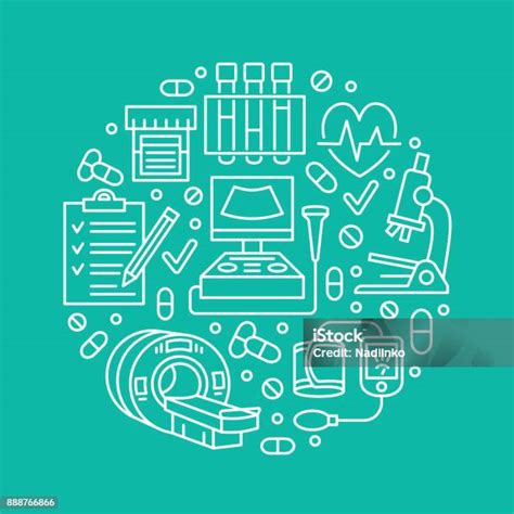 의료 포스터 서식 파일을 확인 합니다 벡터 플랫 라인 아이콘 일러스트 레이 션의 제품은 의료 센터 장비 Mri 초음파 혈액 검사 의료 진단 클리닉 배너 암진단에 대한 스톡