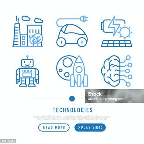 기술 얇은 라인 아이콘 세트 전기 자동차 로켓 로봇 공학 태양 전지 기계 지능 벡터 일러스트 레이 션 웹 페이지 서식 파일 개체 그룹에 대한 스톡 벡터 아트 및 기타 이미지