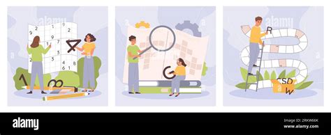 Crossword Sudoku Set Of Square Compositions With Doodle Human Characters Inserting Letters Into