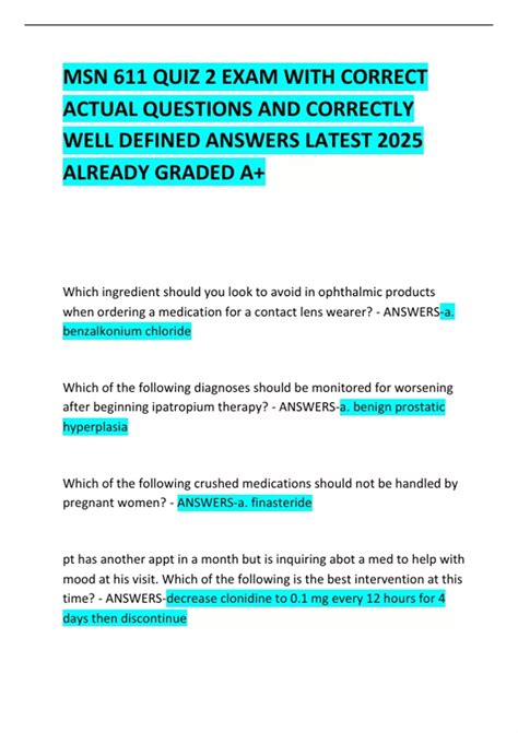 Msn 611 Quiz 2 Exam With Correct Actual Questions And Correctly Well Defined Answers Latest 2025