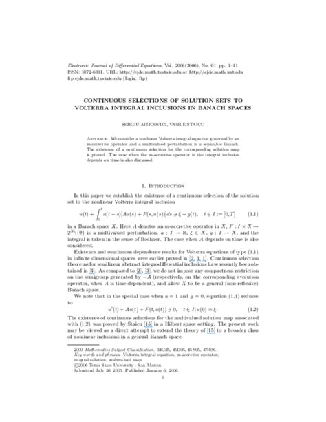 Pdf Continuous Selections Of Solution Sets To Volterra Integral Inclusions In Banach Spaces