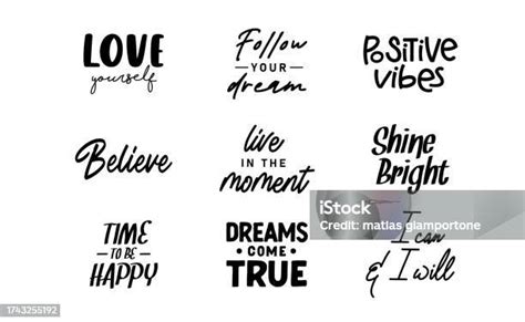 동기 부여 따옴표 긍정적인 분위기 메시지 집합입니다 자신을 사랑하고 감사하고 순간을 살아라 개념에 대한 스톡 벡터 아트 및 기타