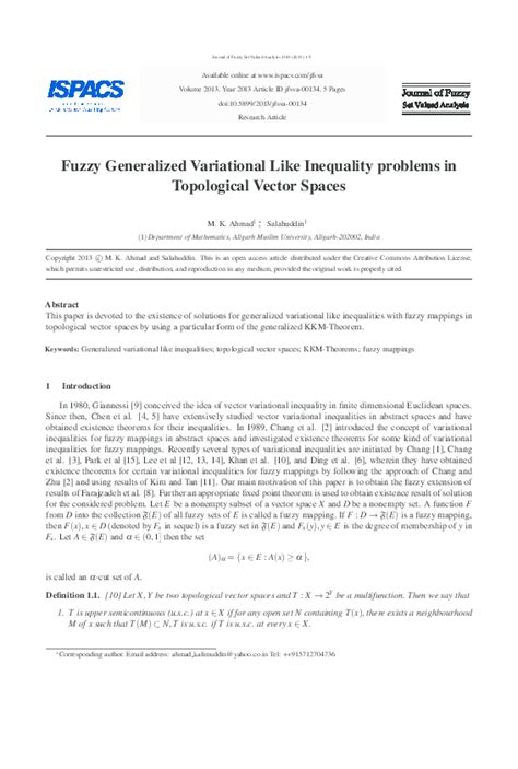 Pdf Fuzzy Generalized Variational Like Inequality Problems In Topological Vector Spaces