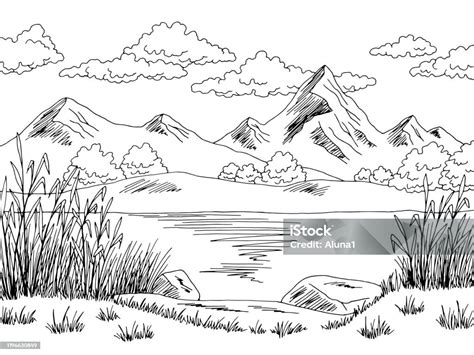 Горное Озеро Графический Чернобелый Пейзаж Эскиз Иллюстрация Вектор — стоковая векторная графика