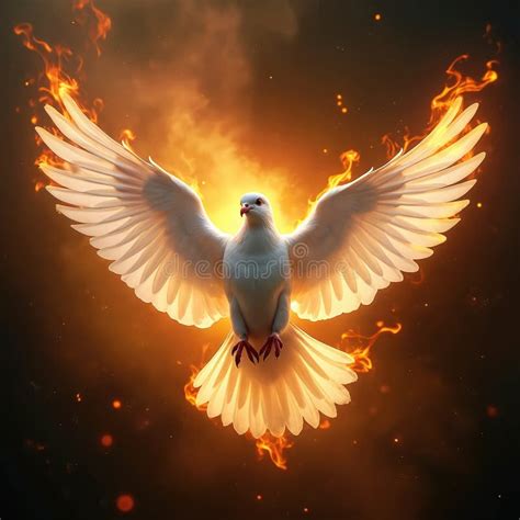White Dove With Open Wings In Flames Symbol Of Peace And Hope Bird