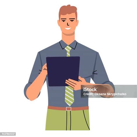 셔츠와 넥타이를 입은 남자는 태블릿이나 문서가있는 폴더를 사용합니다 사업가가 장치를 들고 손가락으로 화면을 터치하고 있습니다