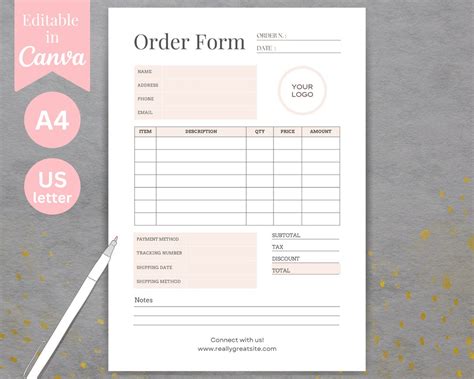Editable Order Form Template Printable Order Form Small Business