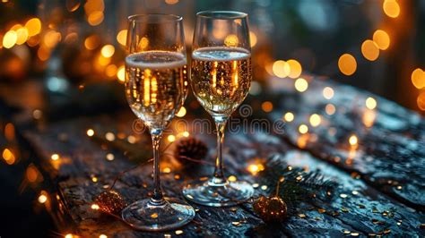Two Toasting Champagne Glasses Before Countdown Clock 2024 On