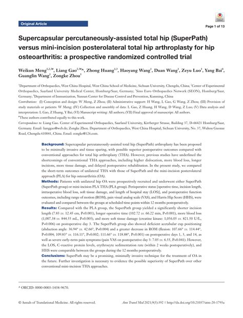 Pdf Supercapsular Percutaneously Assisted Total Hip Superpath