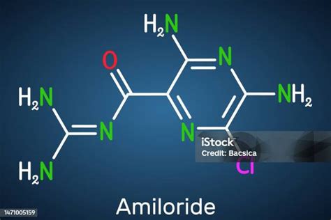 아밀로라이드 분자 고혈압 울혈 성 심부전 치료에 사용되는 피리진 화합물입니다 진한 파란색 배경에 구조 화학식 아이콘에 대한 스톡 벡터 아트 및 기타 이미지 Istock