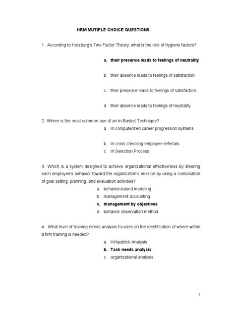 Hrm Multiple Choice Questions Pdf Leadership Business