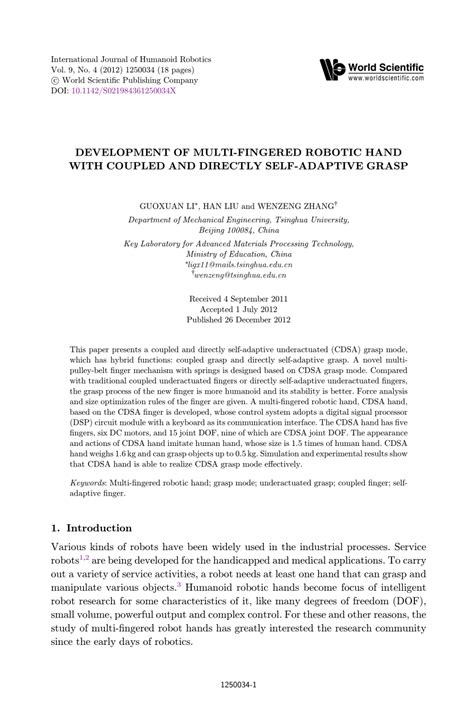 Pdf Development Of Multi Fingered Robotic Hand With Coupled And Directly Self Adaptive Grasp