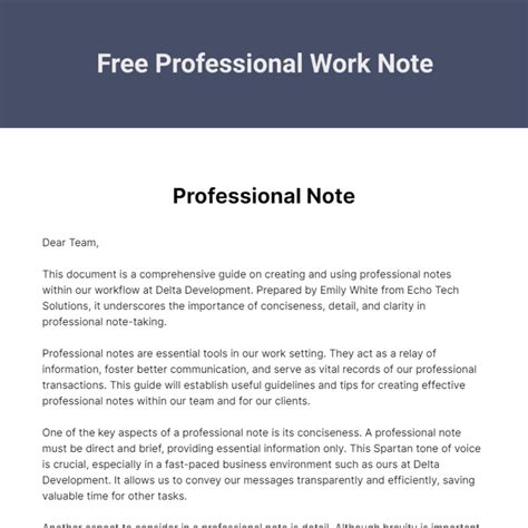 Free Professional Work Note Template To Edit Online