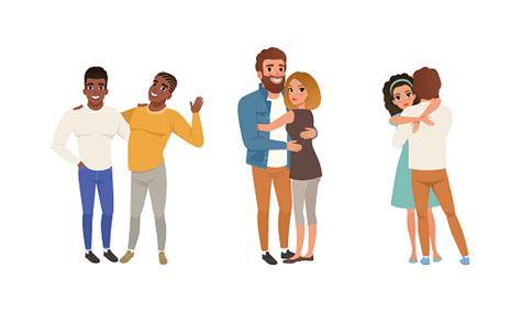 행복한 커플 포옹 세트 낭만적 인 파트너 또는 미소 얼굴 만화 벡터 일러스트와 포옹 가장 친한 친구 벡터에 대한 스톡 벡터 아트 및 기타 이미지 Istock