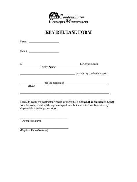 Condominium Concepts Management Key Release Form Fill Online