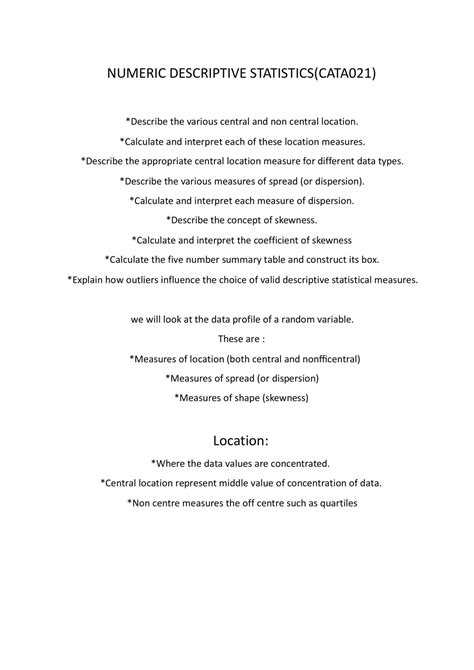 Notes On Numeric Descriptive Statistics Cata021 Analytical