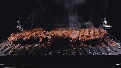 그릴에 맛있는 육즙 고기 스테이크 요리 전기 로스터 로즈마리 후추 소금에 쇠고기 튀김 슬로우 모션 영화 음악에 대한 스톡 사진 및 기타 이미지 Istock
