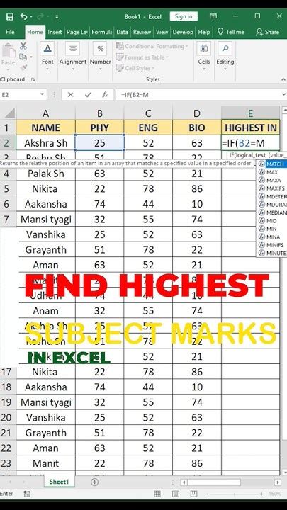 How To Find Highest Subject Marks In Ms Excel Sheet Exceltips Excelformula Ytshort Youtube