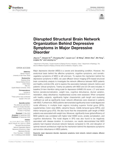 Pdf Disrupted Structural Brain Network Organization Behind Depressive Symptoms In Major