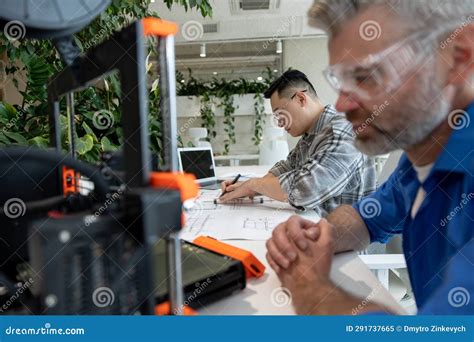 Architects Working With 3d Printer And Projecting House Model Drawing Blueprint Stock Image