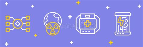 Set Line Cryogenic Capsules First Aid Kit Planet Earth And Radiation And Neural Network Icon