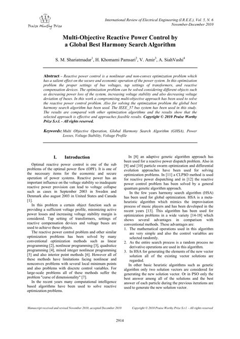 Pdf Multi Objective Reactive Power Control By A Global Best Harmony