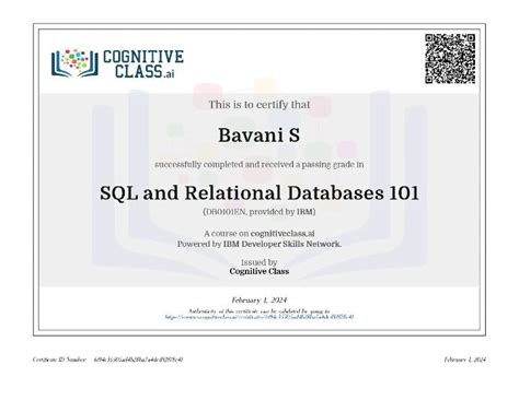 completed sql and relational databases course bavani s posted on the
