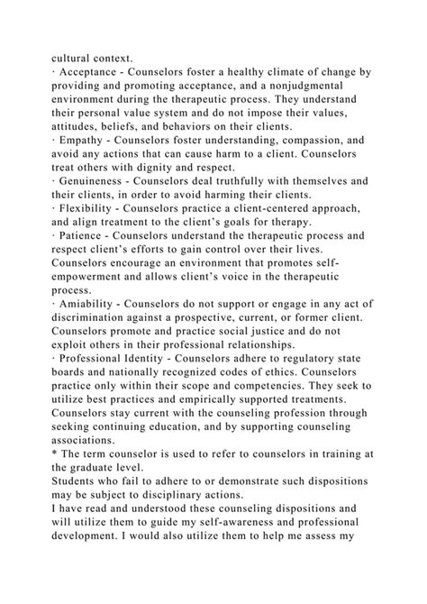 Counselor Dispositional Expectations Dispositions Are The Valuesdocx
